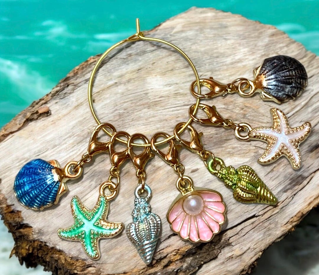 SEASHELLS and STARFISH On-a-ring, Set of 7 Enameled Lobster Clasp Clip ...