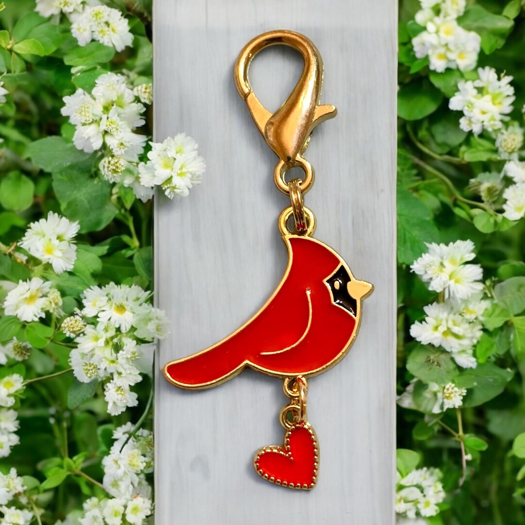 RED CARDINAL Bird & HEART Enamel Double Clip-on, Lobster Clasp Charm ...