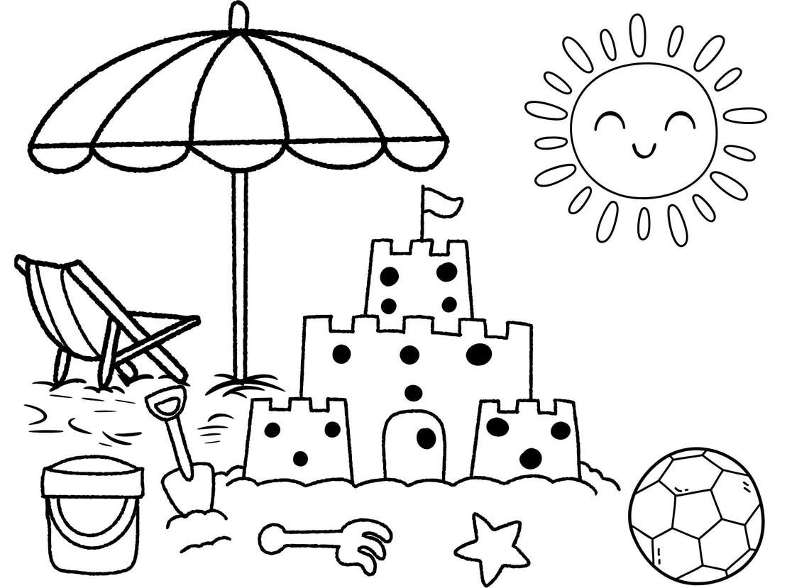 Beach Day, Kids Coloring Pages, Kids Colouring Worksheets, Sand Castles ...