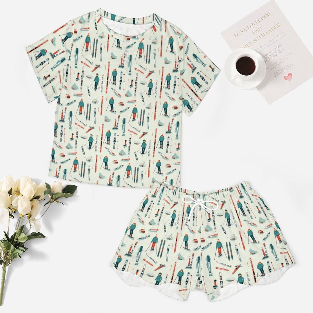 Mountain Print Pajama Set Short Sleeve Summer Sleepwear Women Beach ...
