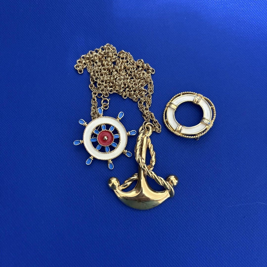 Vintage Cruise Jewelry Set: 1970s Anchor, Ship Wheel, Life Preserver ...