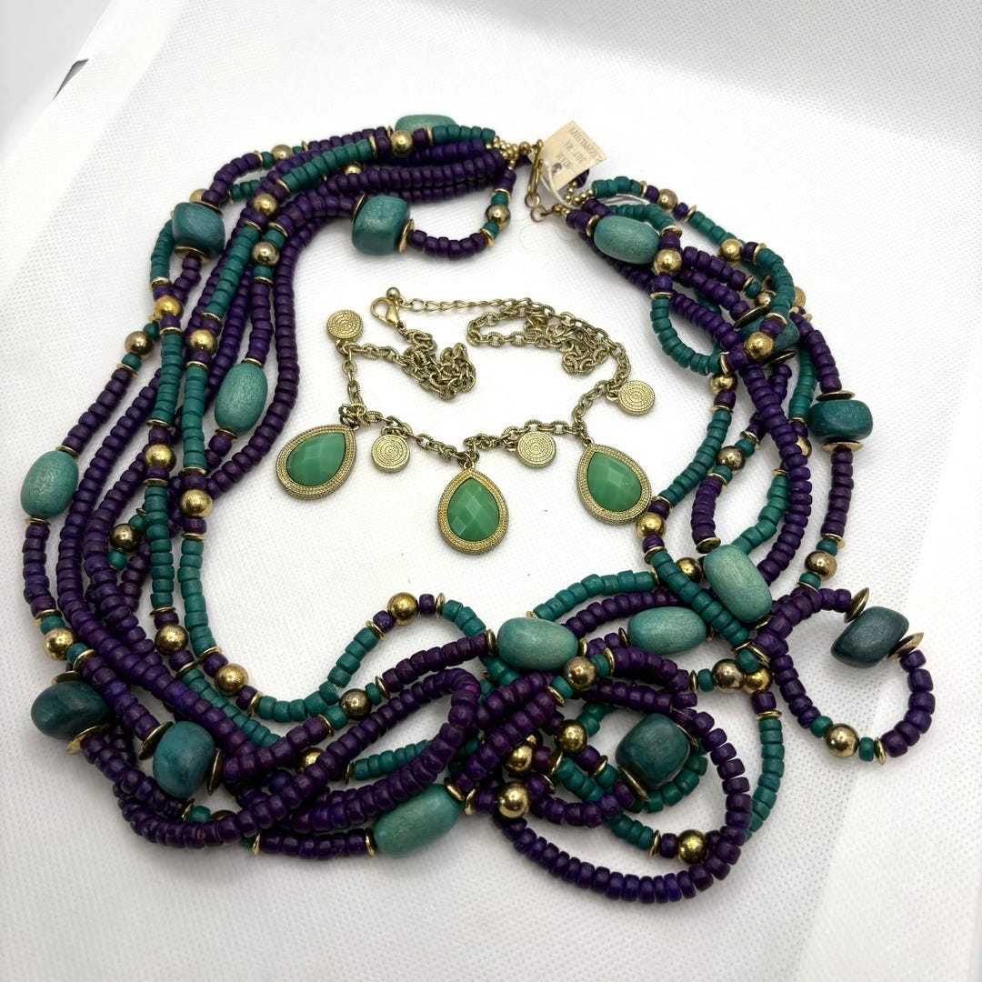 Handcrafted Wood Bead Necklace: Purple, Green & Turquoise Boho ...