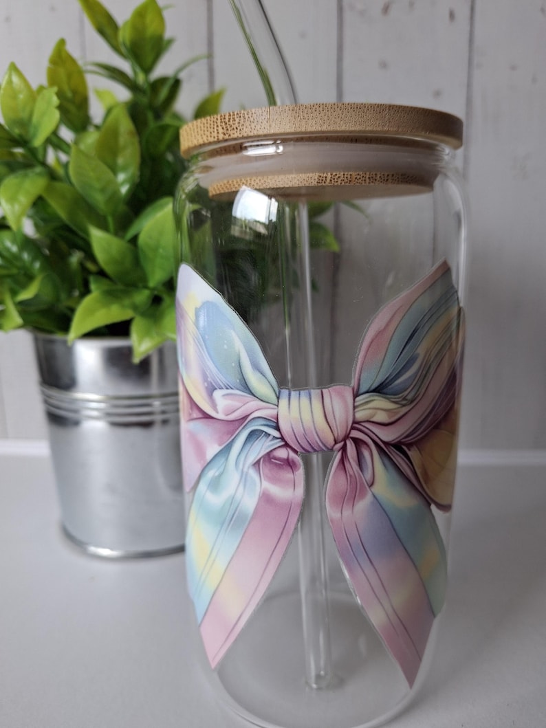 Rainbow Bow 16oz Glass Tumbler – With Bamboo Lid & Glass Straw - Etsy