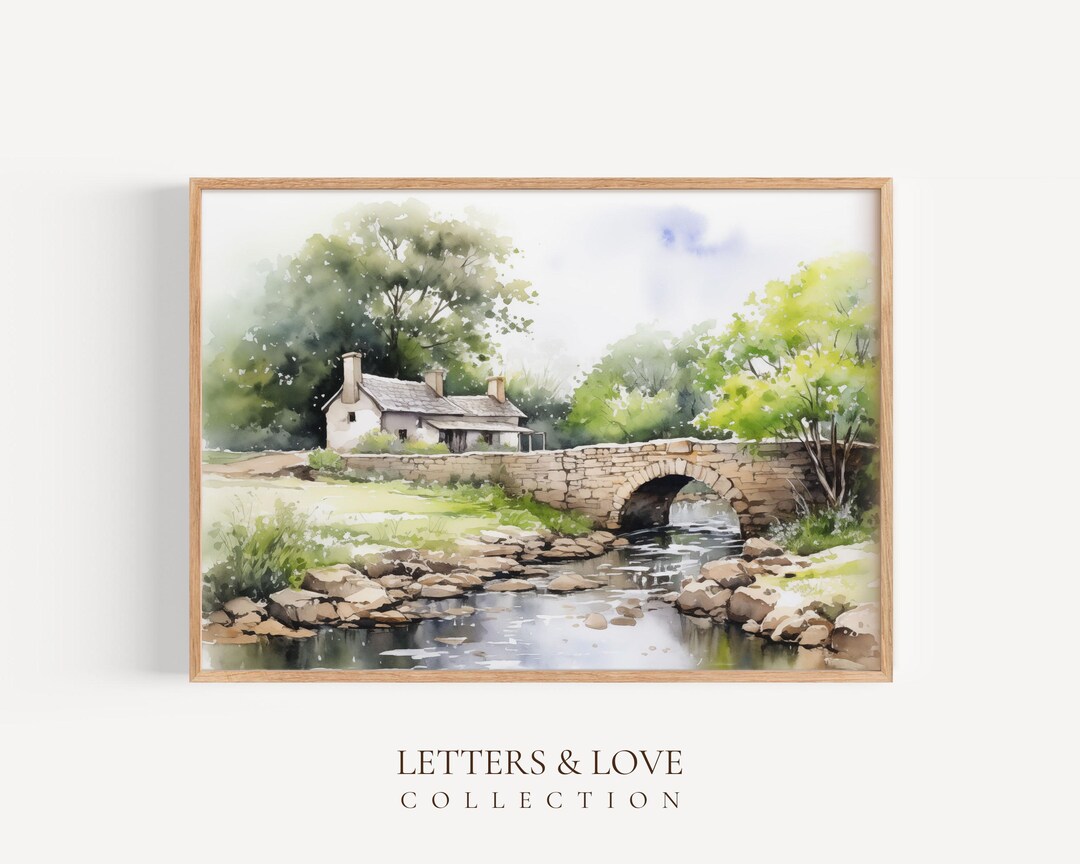 Stone Bridge Watercolor Painting, Cottage Landscape Art Print, English ...