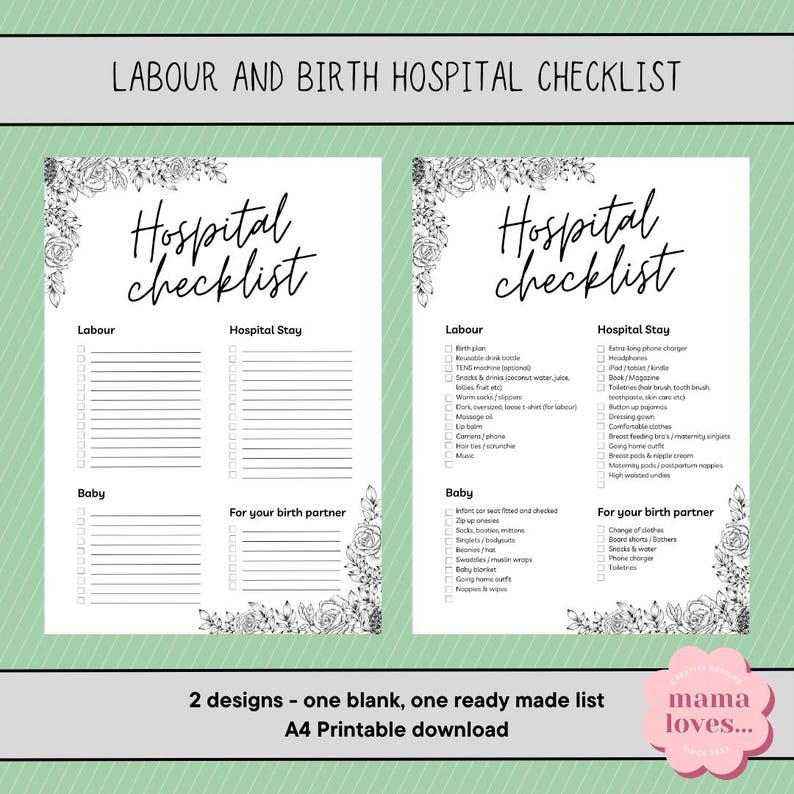 Labour and Birth Hospital Checklist, Printable Download, A4 Essential ...
