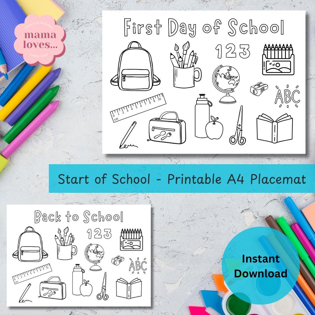 First Day of School Placemat, Color in and Decorate Printable Download ...