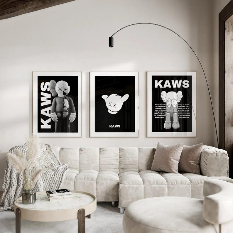 Kaws Hypebeast Wall Art Posters Set of 3 White on Black Frameless Art ...
