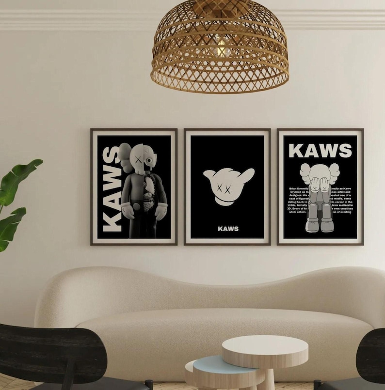 Kaws Hypebeast Wall Art Posters Set of 3 White on Black Frameless Art ...