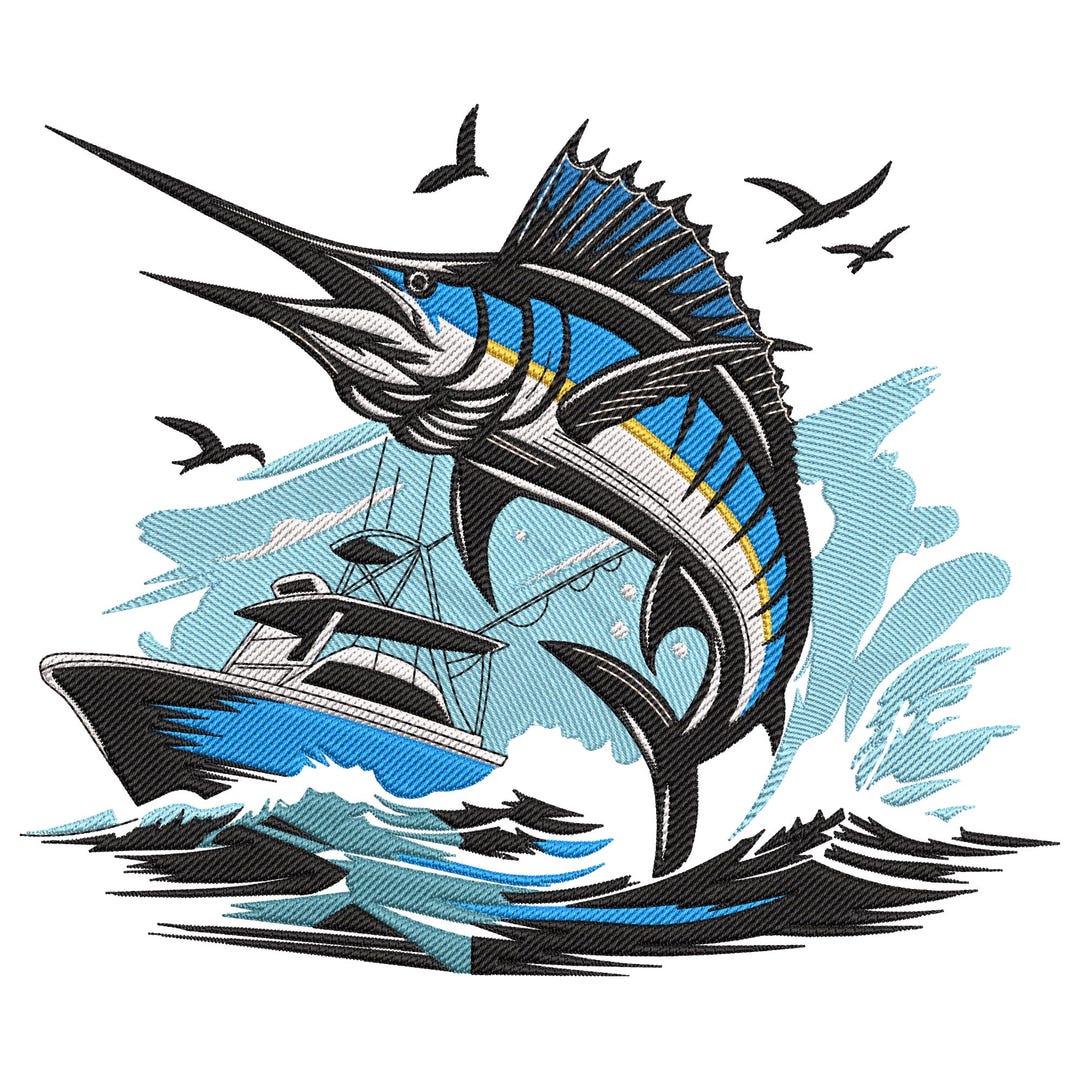 Jumping Marlin With Fishing Boat Embroidery Design (digital Embroidery ...