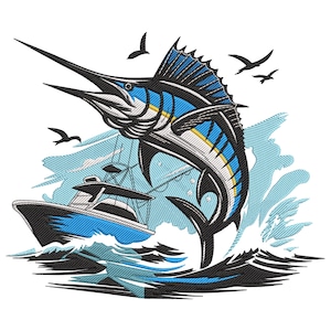 Jumping Marlin With Fishing Boat Embroidery Design (digital Embroidery ...