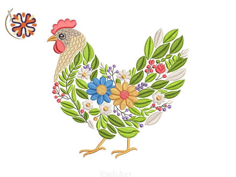 Flower Hen Embroidery Design | Beautiful Floral Hen With 11 Colors ...