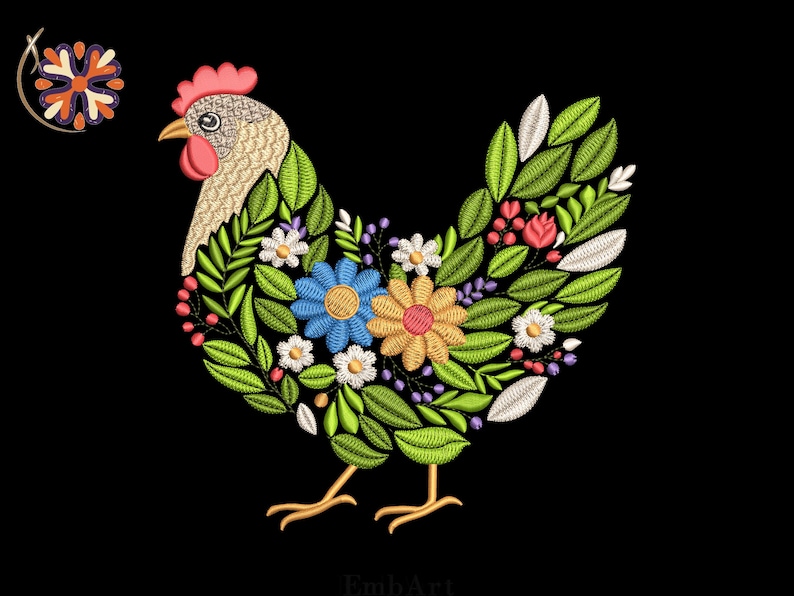 Flower Hen Embroidery Design | Beautiful Floral Hen With 11 Colors ...