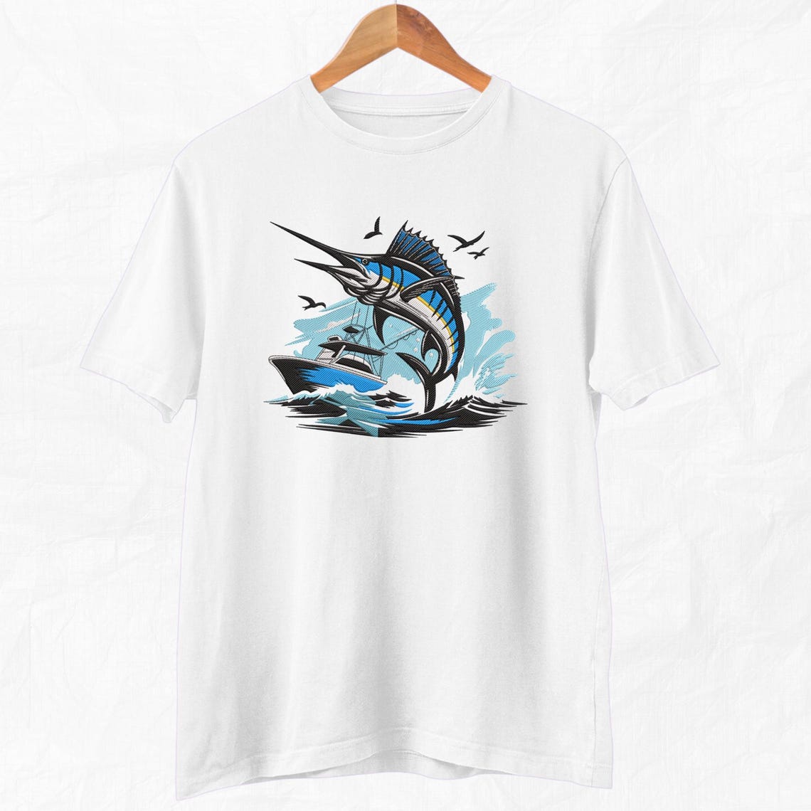 Jumping Marlin With Fishing Boat Embroidery Design (digital Embroidery ...