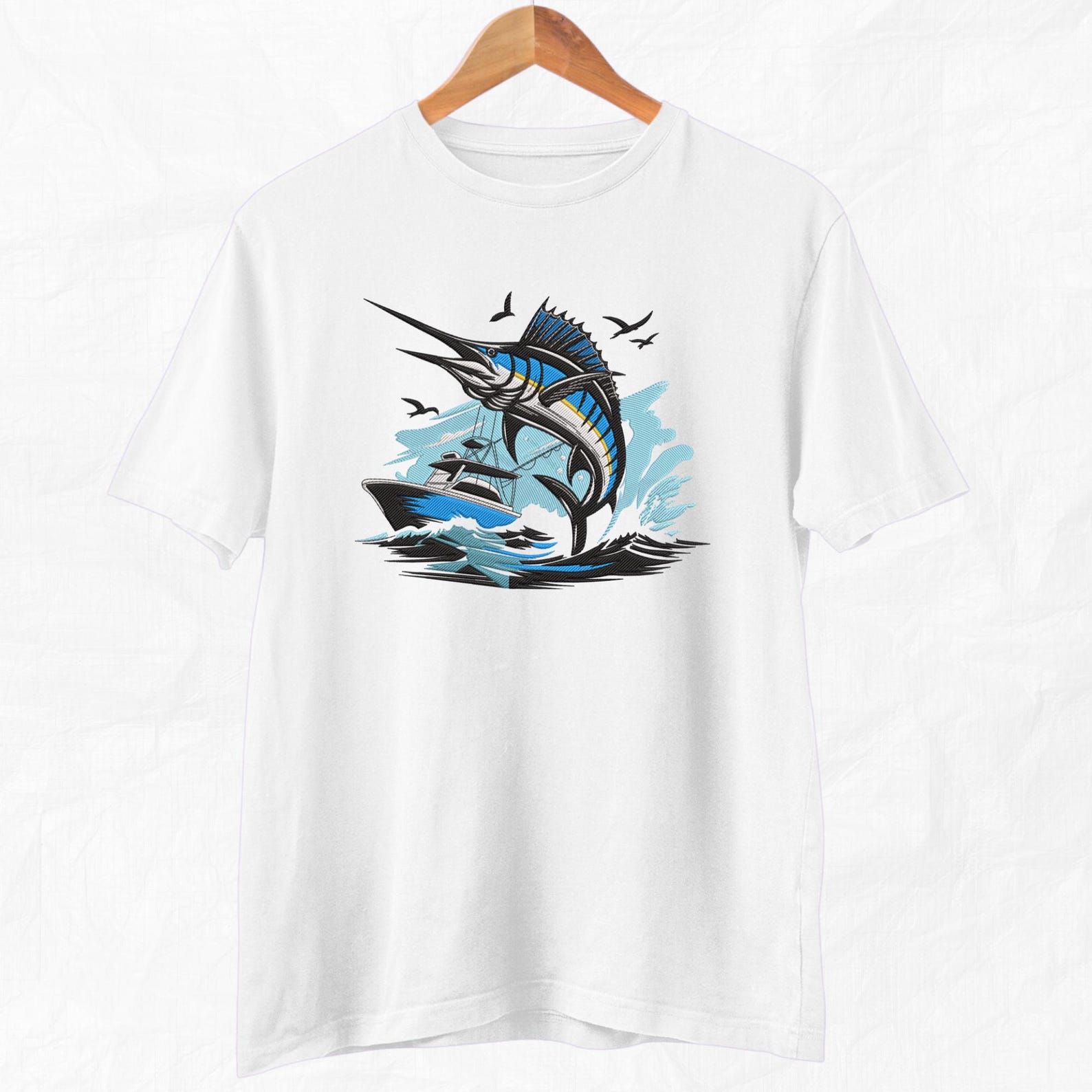Jumping Marlin With Fishing Boat Embroidery Design (digital Embroidery ...