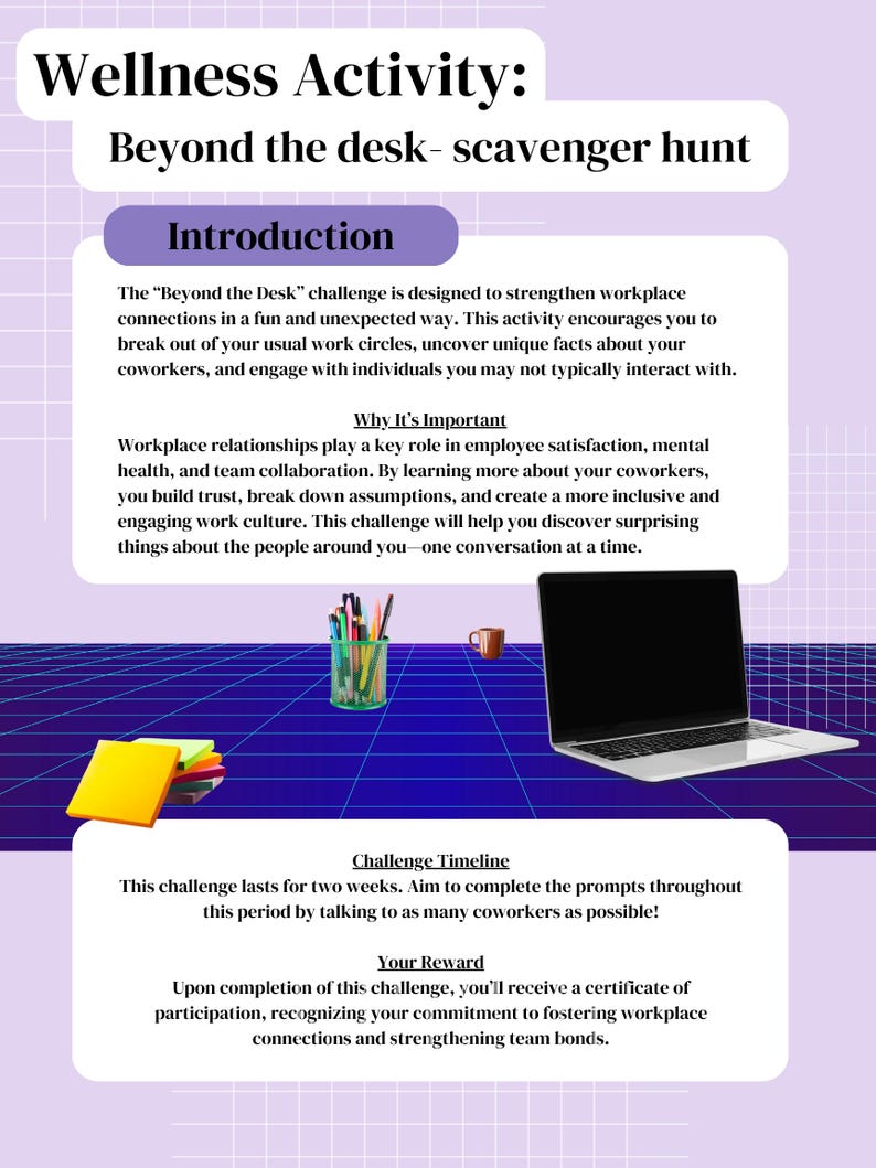 Company Wellness Activity: Beyond the Desk- Scavenger Hunt- Workplace ...