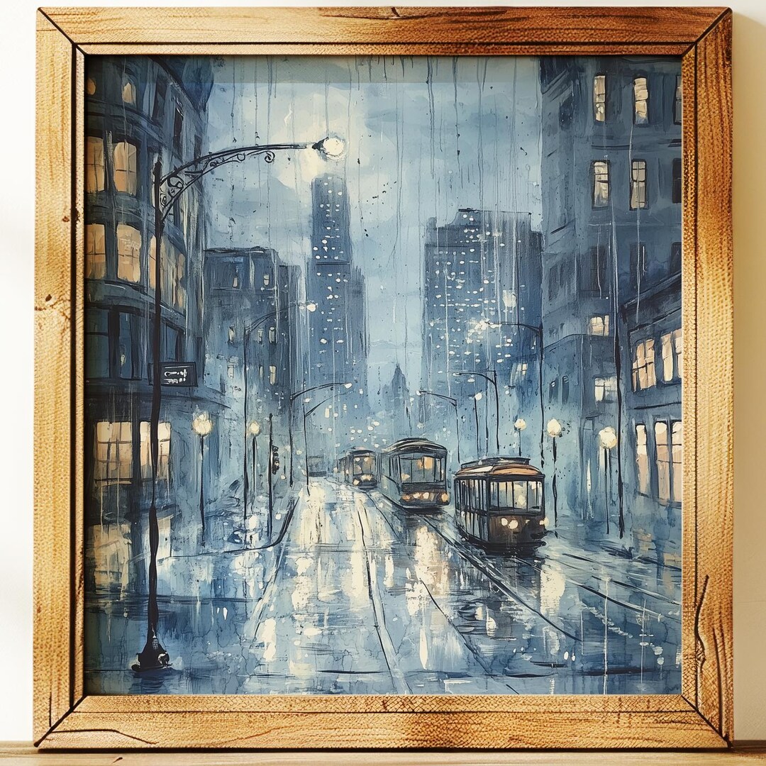 Rainy City Cable Car Drip Painting | Vintage Metropolis | Cozy Town at ...