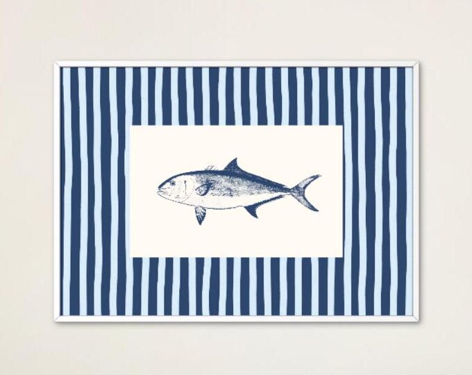 Blue Fish Print Blue Check Printable Wall Art Kitchen Decor Cottagecore ...