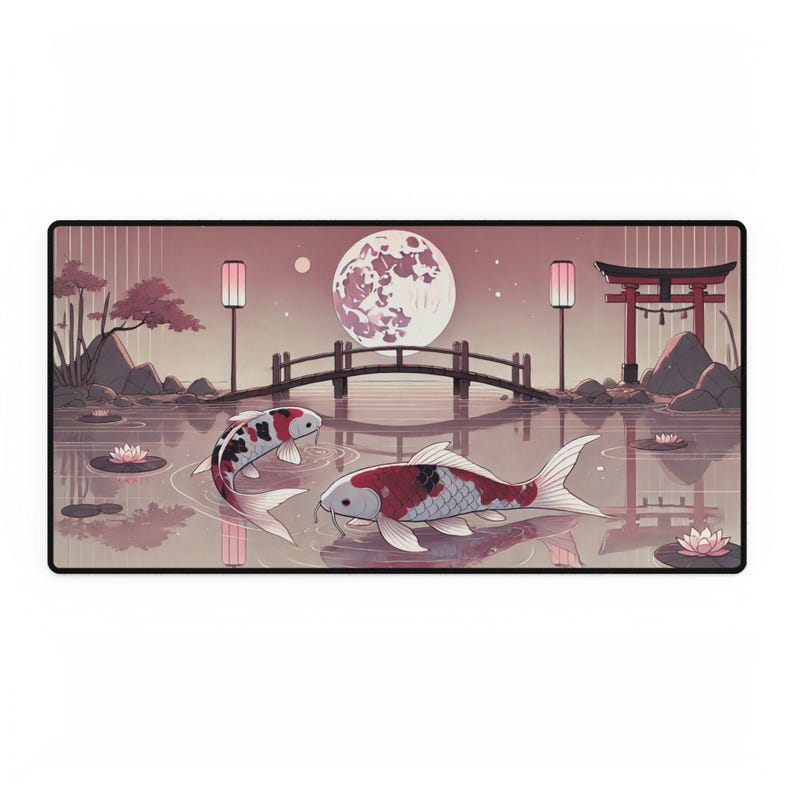 Desk Mats, Red Koi Fish Pond Under Bridge Night Time Office Table Mat ...