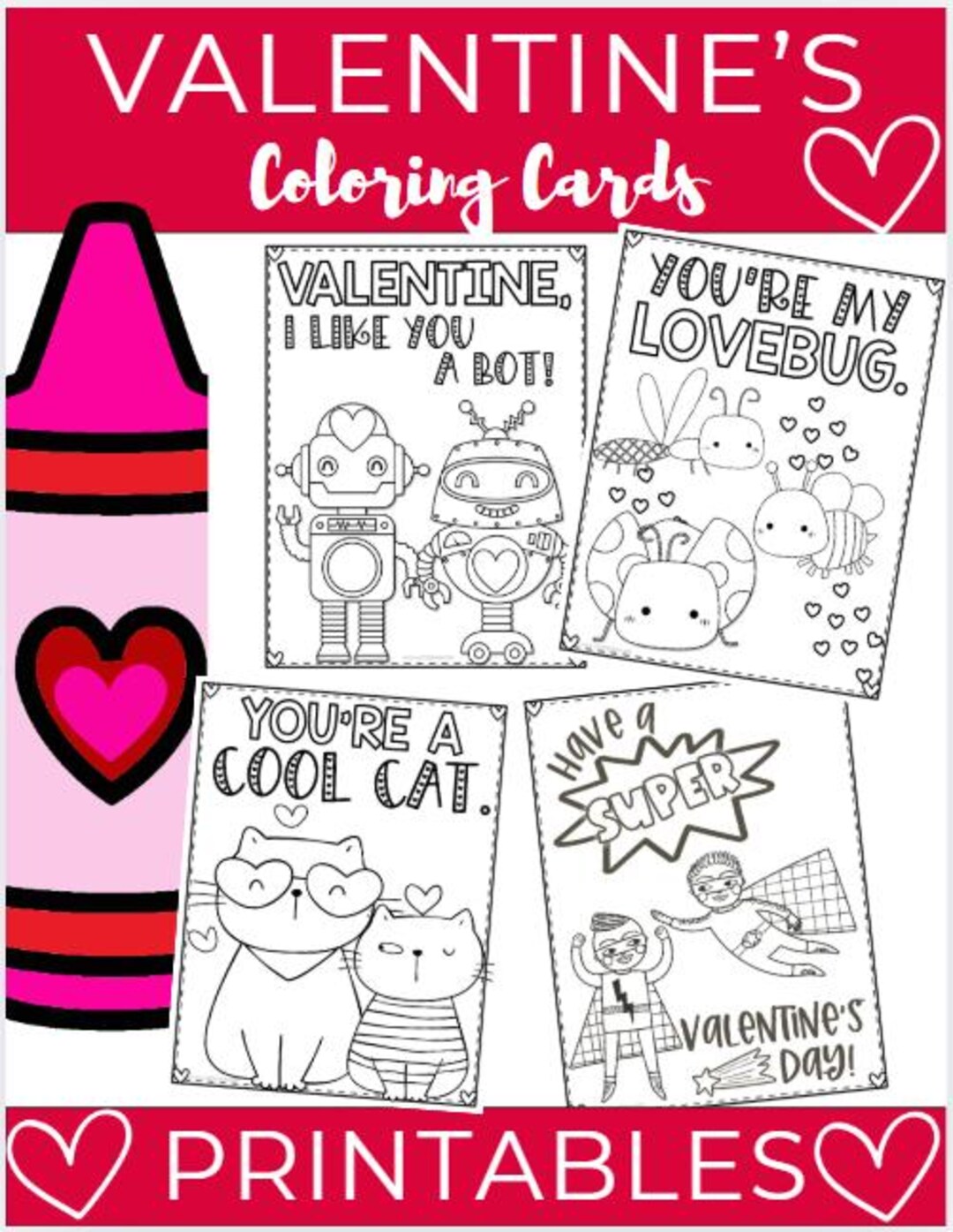 Valentine's Coloring Pages & Cards: Robots, Bugs, Cats, Superheros - Etsy