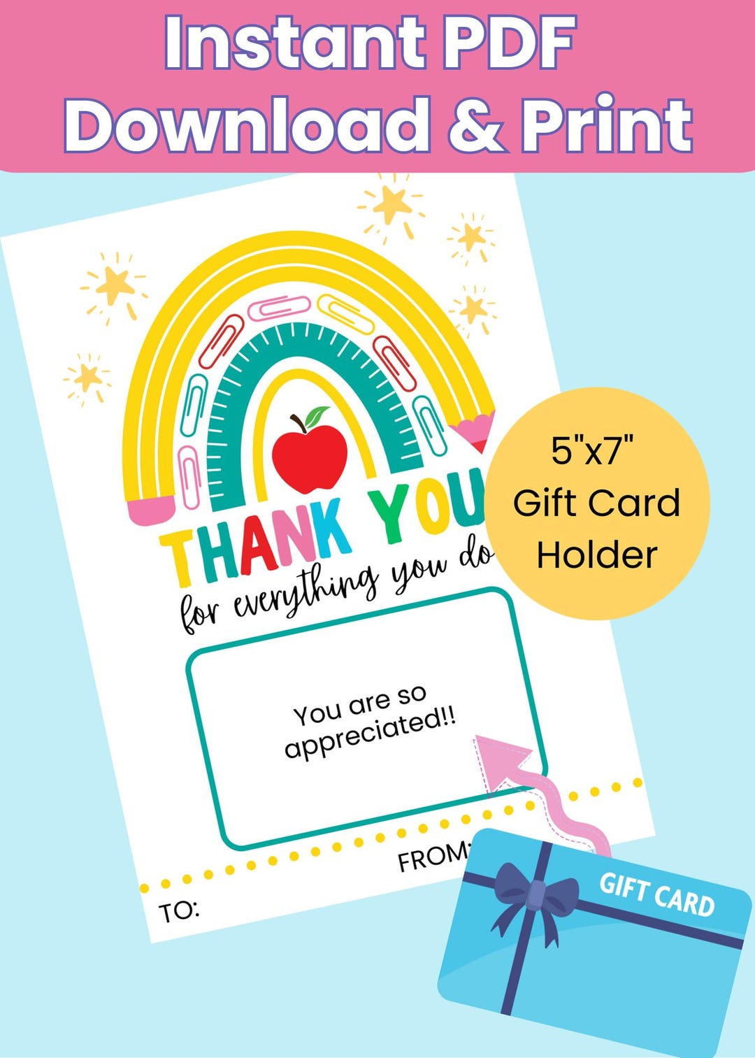 Teacher Appreciation Gift Card Holder: Rainbow Pencil Design (editable ...