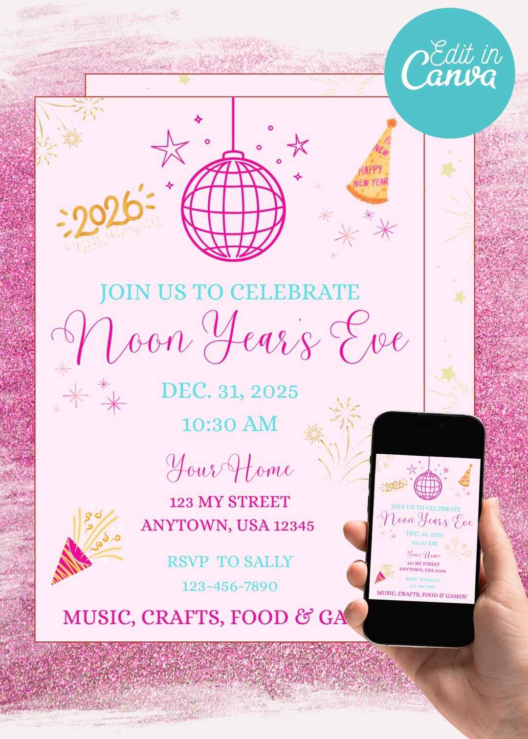 Editable Noon Years Eve Invitation - Pink & Black (digital Download ...