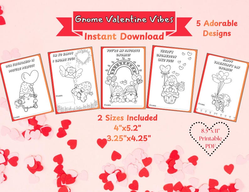 Printable Gnome Valentine's Day Coloring Cards: Color Your Love Class ...