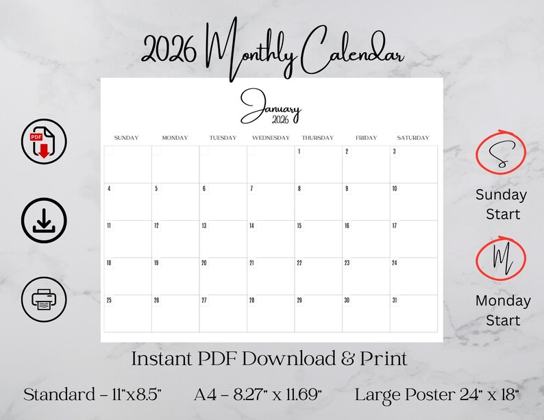 2026 Calendar Printable Monthly Modern Minimalist Planner, Year at a ...