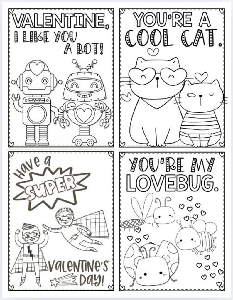 Valentine's Coloring Pages & Cards: Robots, Bugs, Cats, Superheros - Etsy