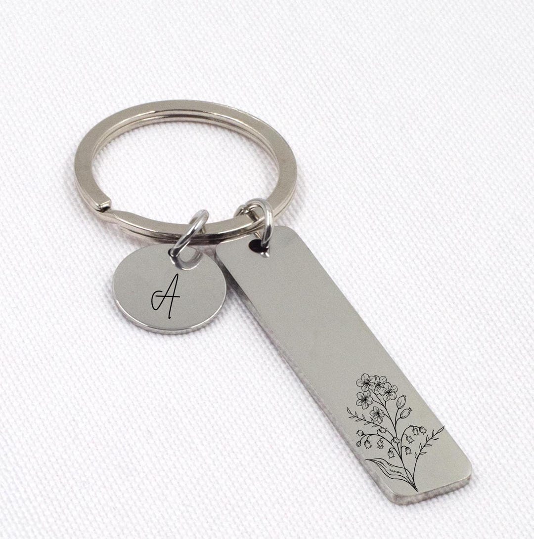 Personalized Birth Flower Keychain, Birth Month Flower Key Ring ...