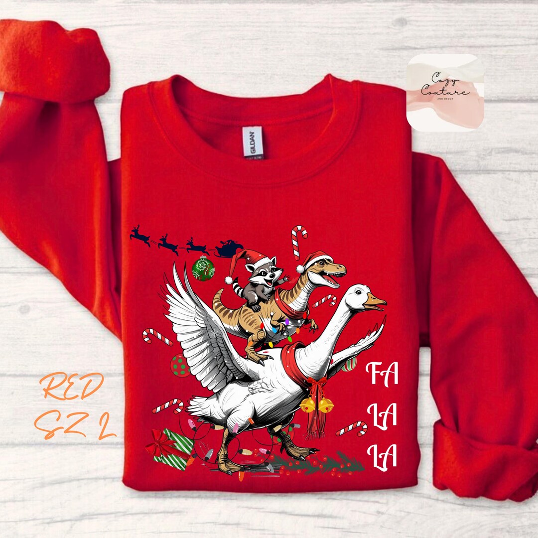 Silly Goose Sweatshirt: Raccoon Riding T-rex Goose - Funny Holiday ...
