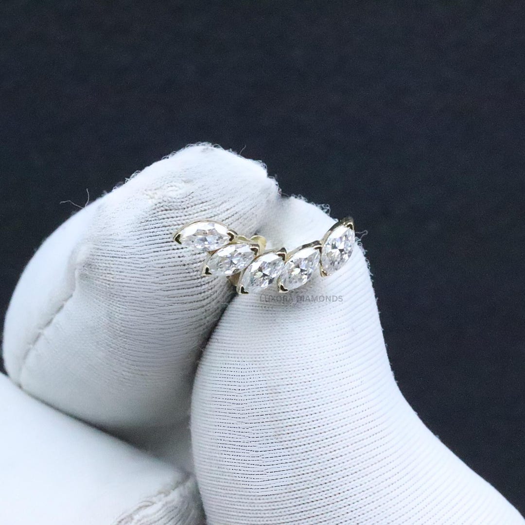 14k Gold Diamond Crawler Earring: Marquise Leaf Cluster, Lab Grown ...