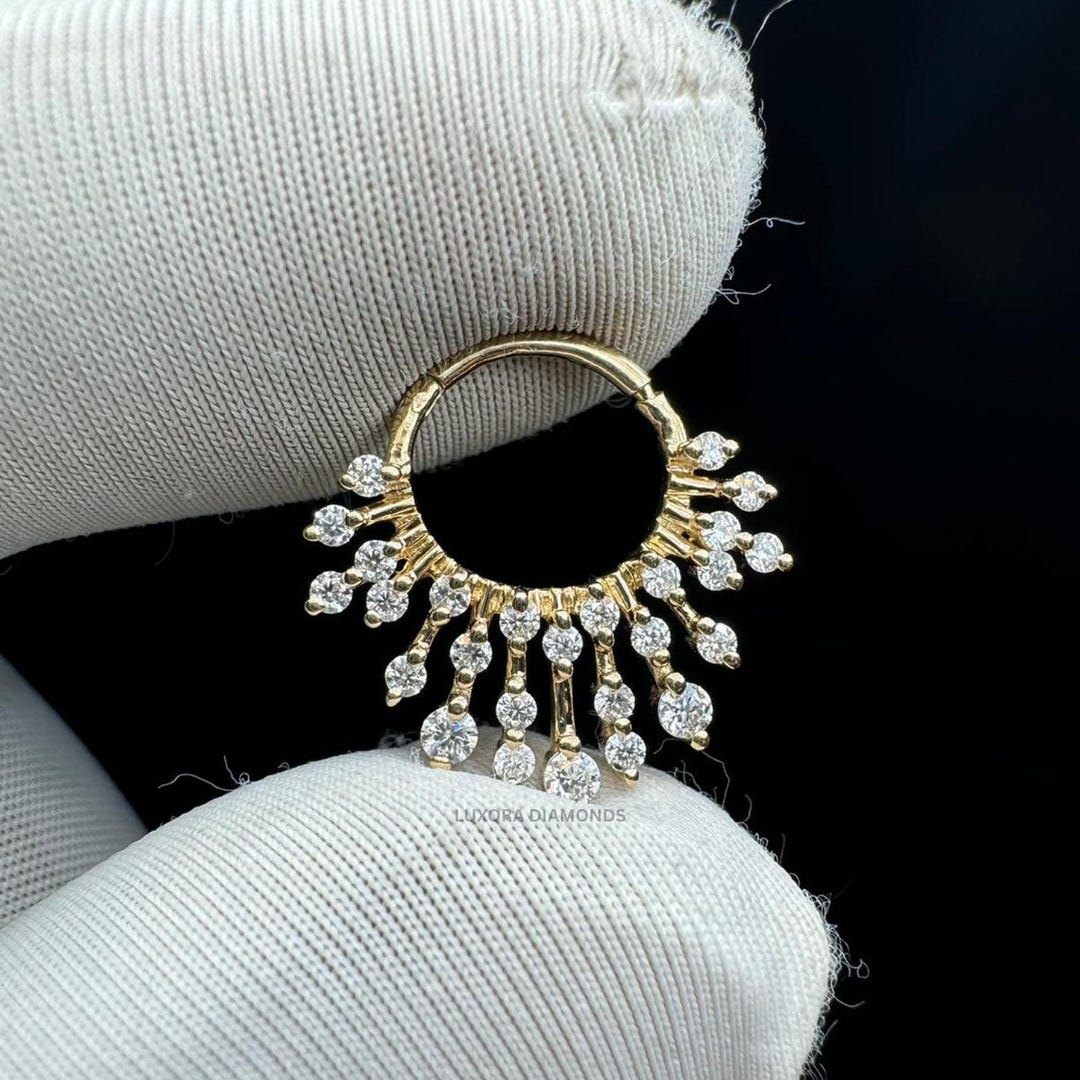 10K Solid Gold Diamond Sunburst Septum Clicker Spiked Daith Hoop ...