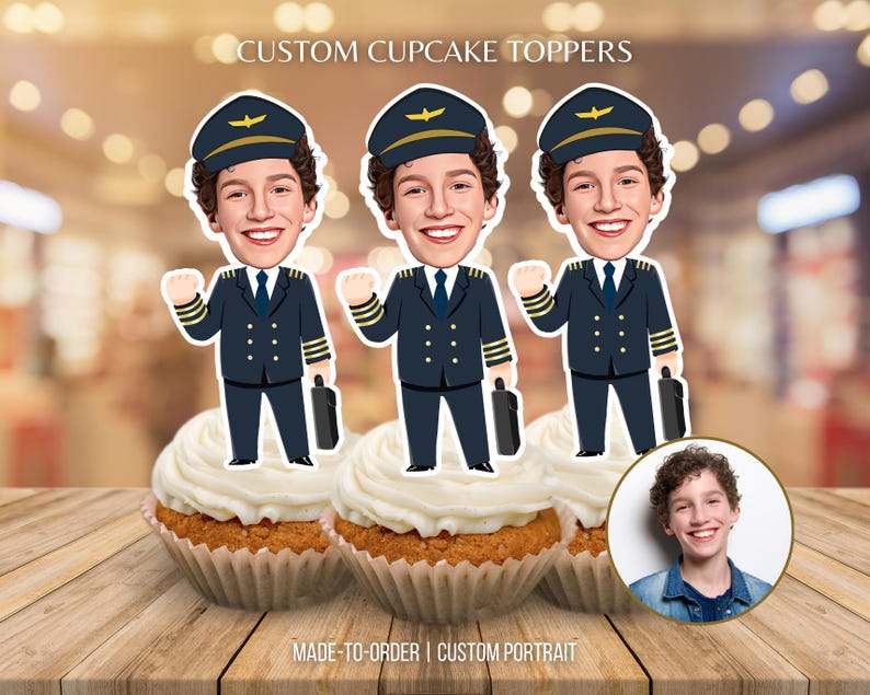 Pilot Cupcake Toppers Portrait From Photo Aeronautics Custom Face ...