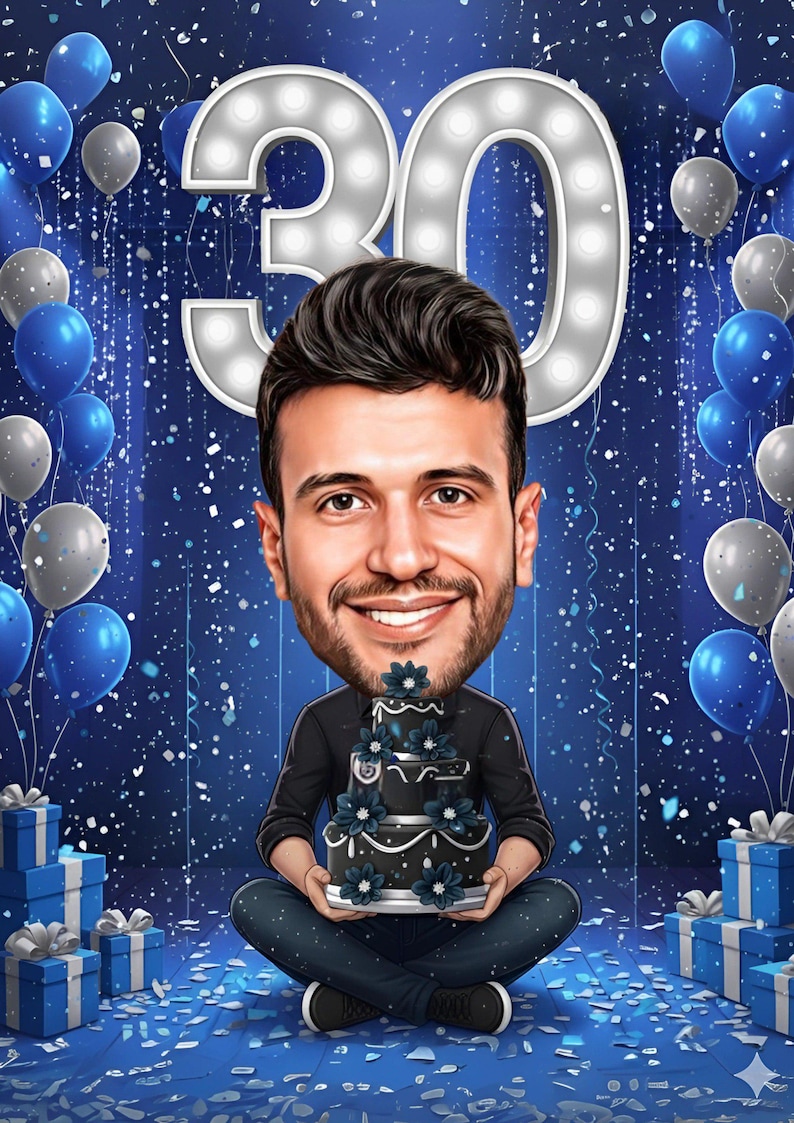 Custom Caricature 30th Birthday Portrait From Photo Blue Theme Cartoon ...