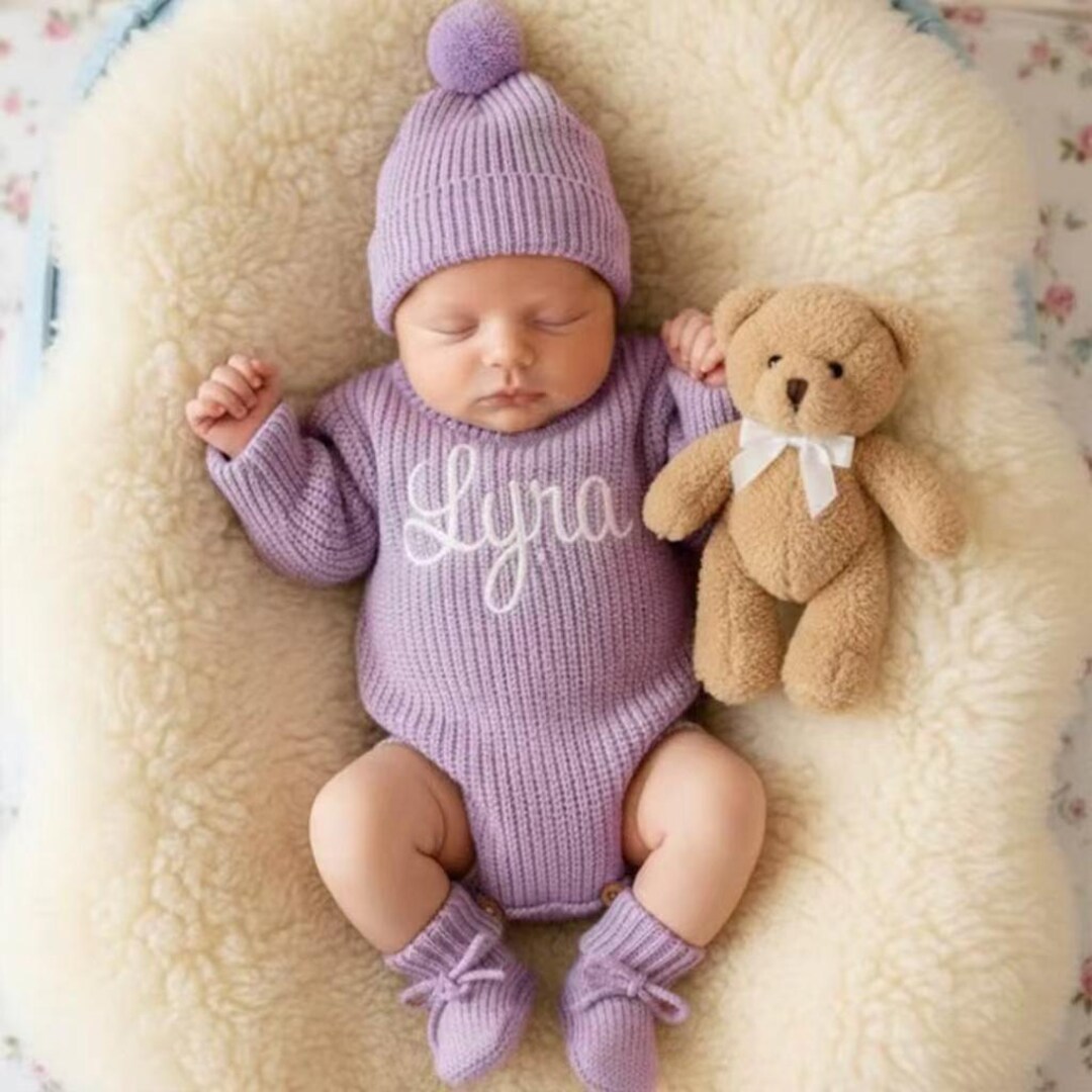 Personalized Baby Name Romper, Embroidered Baby Outfit, Newborn Knitted ...