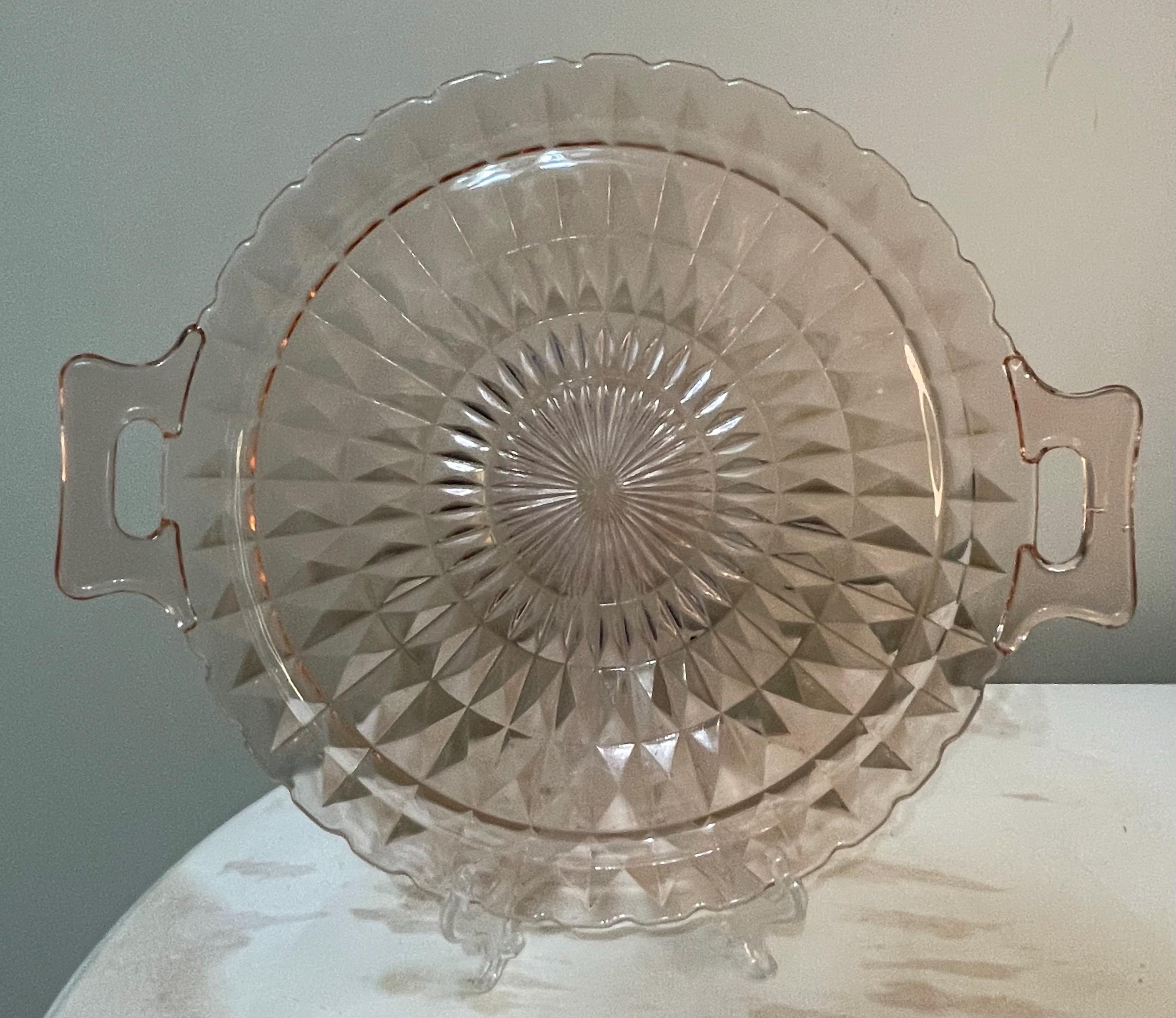 Vintage Pink Depression Glass Cake Server Plate Platter Jeannette Glass ...