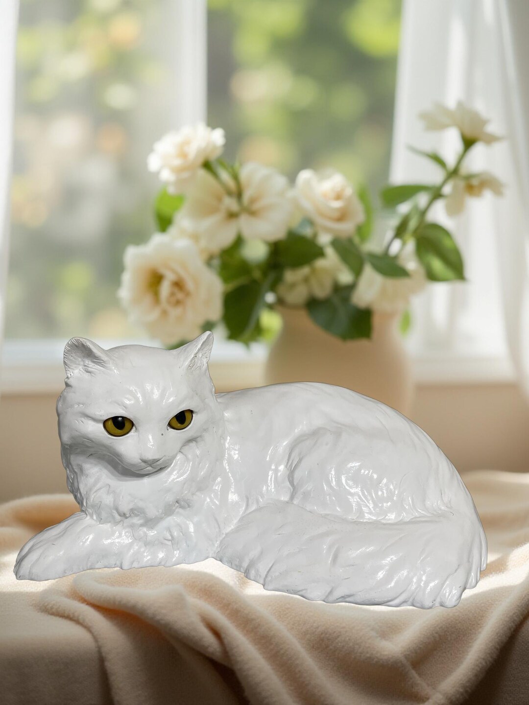 Vintage Large Cat Statue Homco White Long Haired Cat Yellow Glass Eyes ...