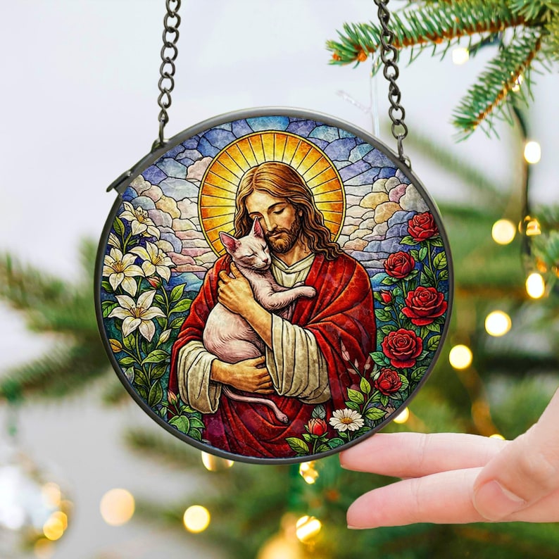 Jesus Hugging Sphynx Cat Stained Glass Suncatcher, Pet Memorial Decor ...