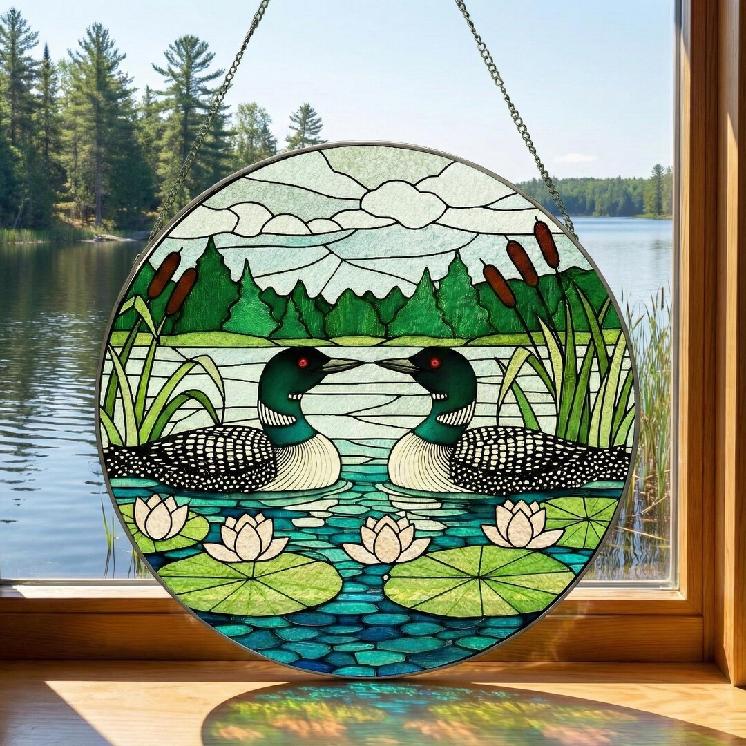 Loon Bird Couple Glass Suncatcher: Bird Lover Window Hanging - Etsy
