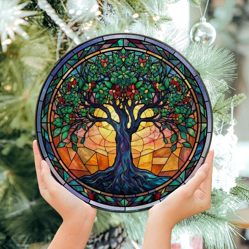 Tree of Life Suncatcher, Vibrant Stained Glass Style Window Hanging ...