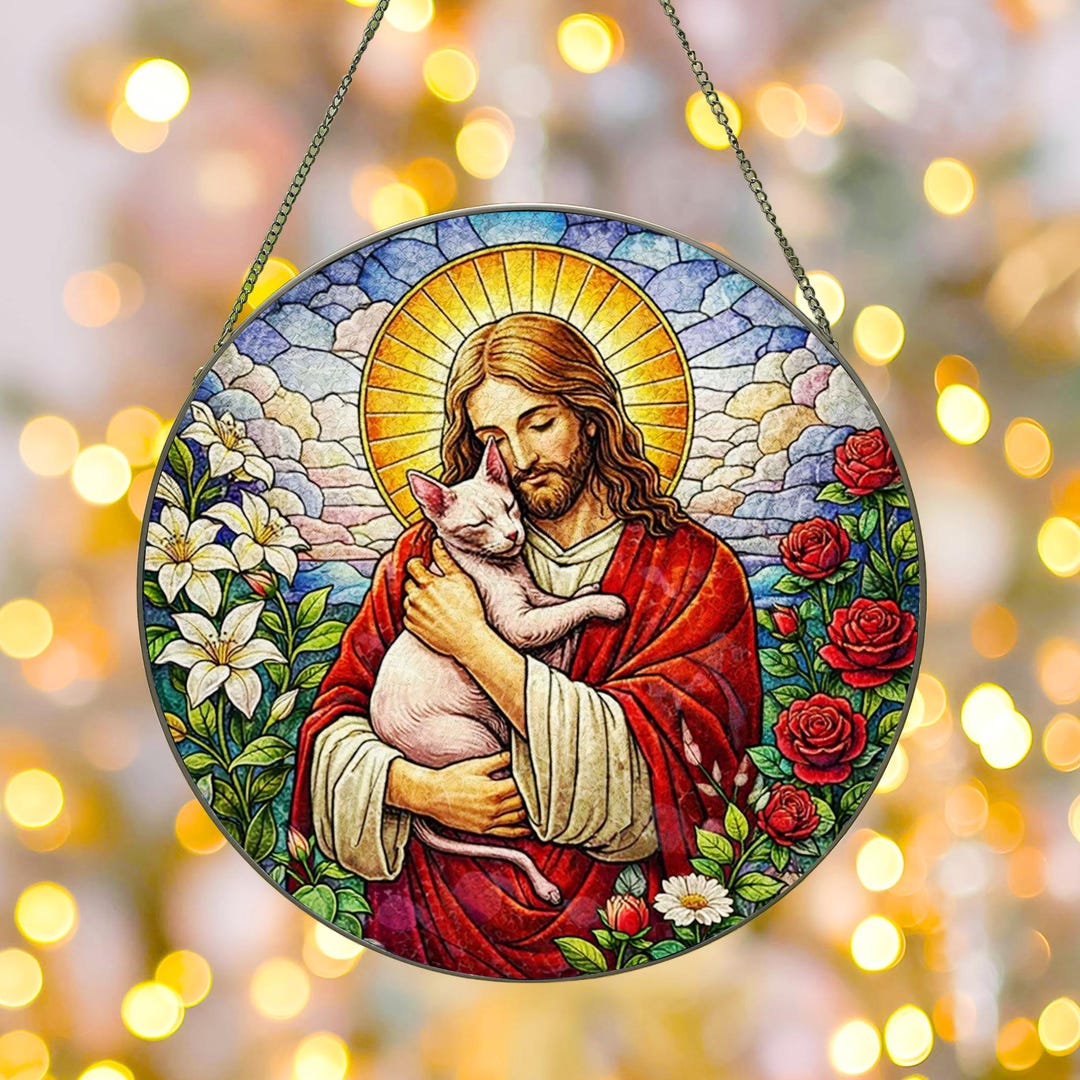 Jesus Hugging Sphynx Cat Stained Glass Suncatcher, Pet Memorial Decor ...