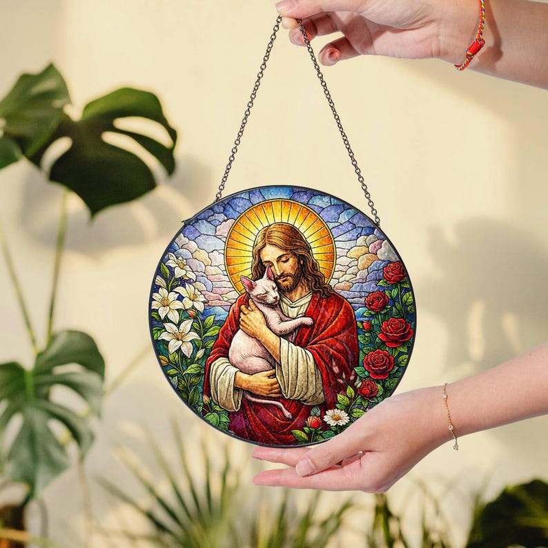 Jesus Hugging Sphynx Cat Stained Glass Suncatcher, Pet Memorial Decor ...