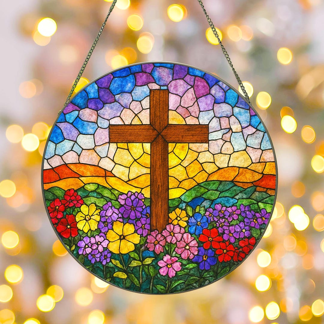 Stained Glass Cross Suncatcher: Floral Sunrise Window Hanging - Etsy