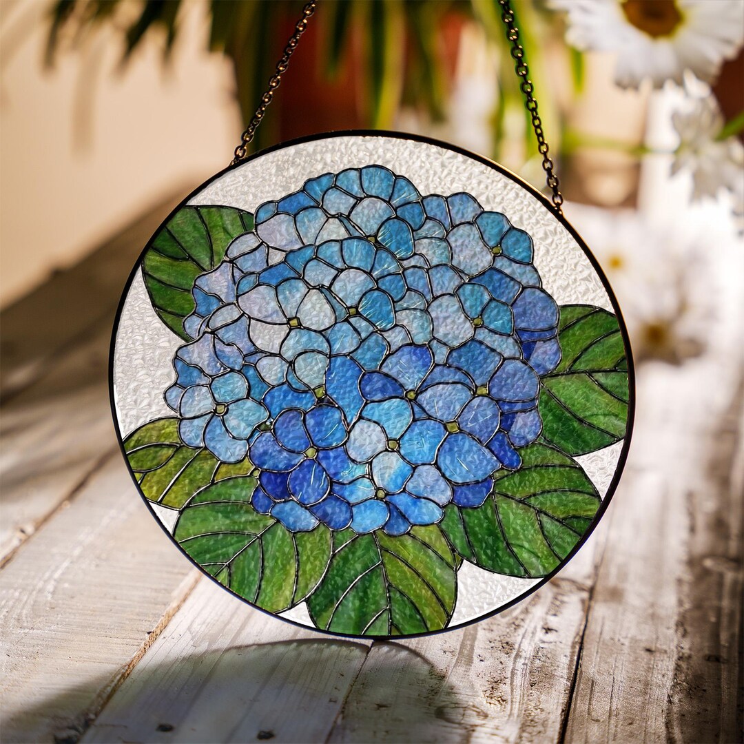 Hydrangea Flower Stained Glass Suncatcher, Floral Window Hanging ...