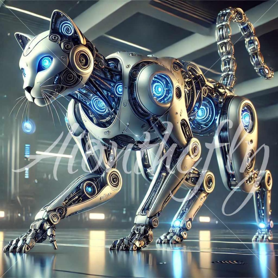 Mechanical Robotic Cat Art | Futuristic AI Feline Print | Sci-fi Mecha ...