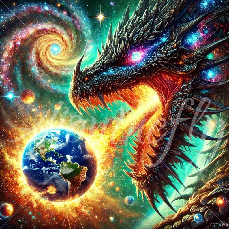 Cosmic Apocalypse Dragon | Ai-generated Galactic Beast | Fiery Mythic ...