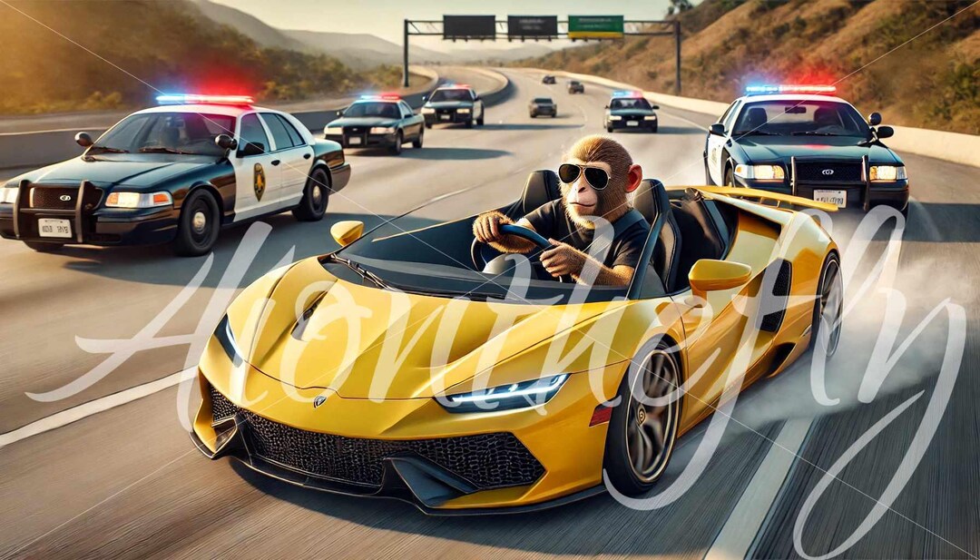Monkey Car Chase Art | Hilarious Animal Driving Print | High-speed ...