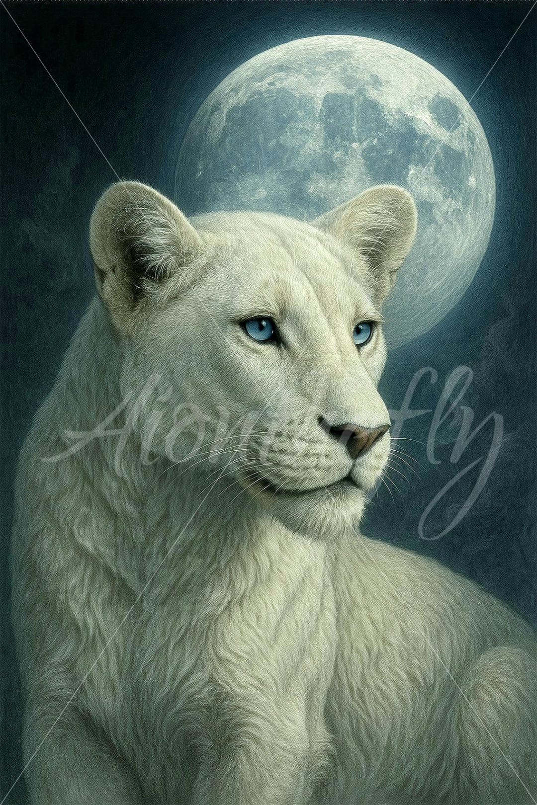 Majestic White Lion Moon Art Print | Fantasy Lioness Wall Decor ...