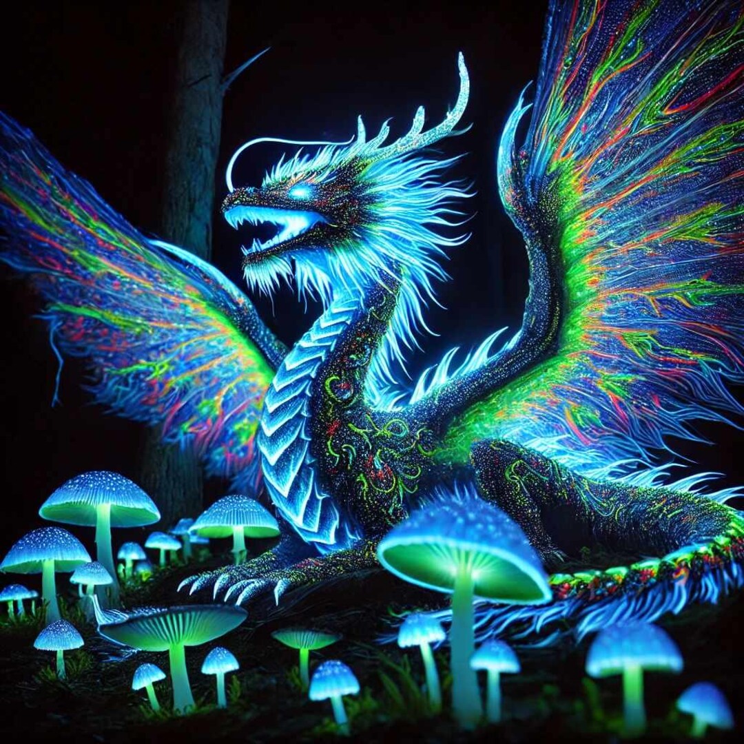 Bioluminescent Dragon Art Print Glowing Fantasy Creature With Neon ...