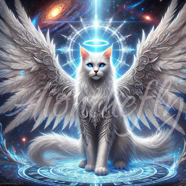 Celestial Angel Cat Print | Mystical Winged Feline Artwork | Ethereal ...